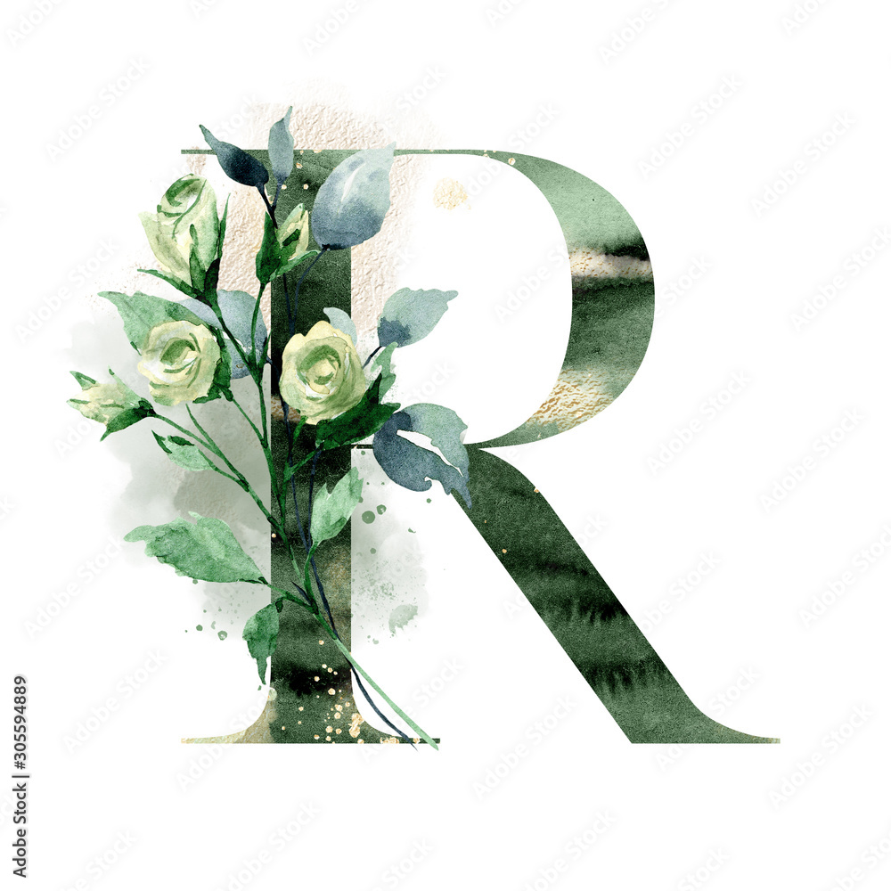 Floral alphabet, letter R with watercolor flowers, leaf and gold ...
