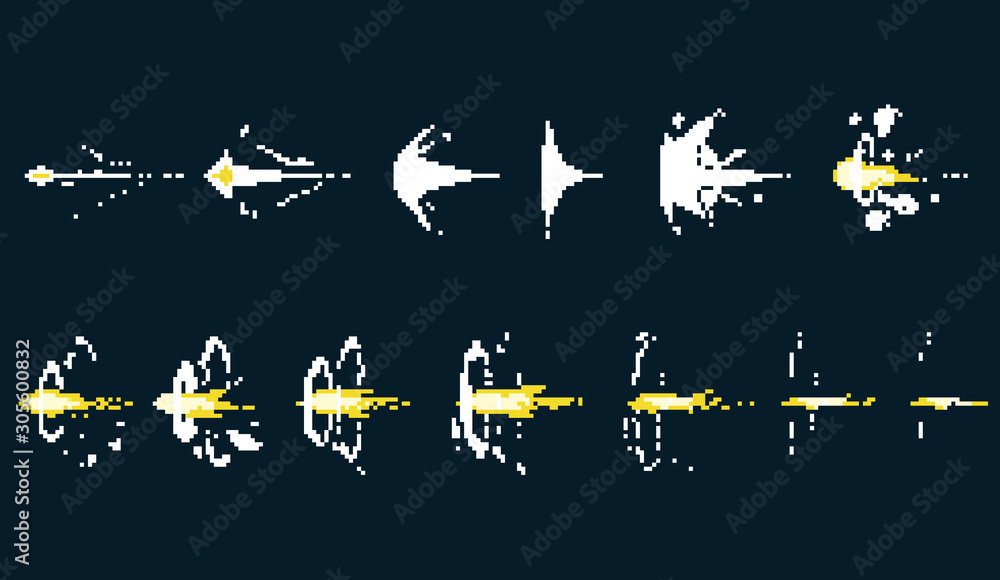 Pixel art fireball. Game icons set. Comic boom flame effects for ...