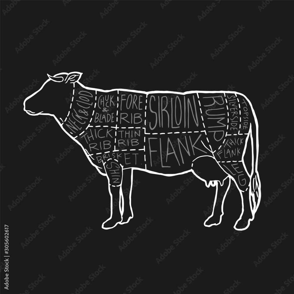 UK Meat cuts diagram poster design. Beef scheme for butcher shop vector ...