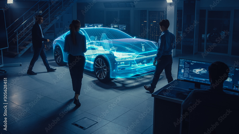 Stock-Foto „Automobile Engineers Designing Electric Car, Using CAD ...
