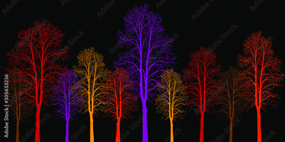 Five trees of different colors. Trees without leaves. Leafless tree ...
