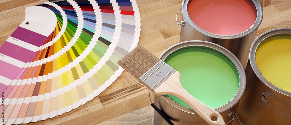 Paint shop banner. Composition with brushes, color chart and paint ...