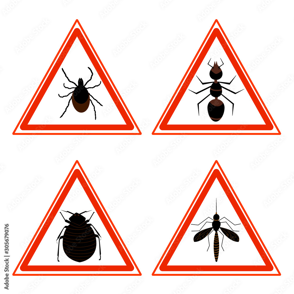 Collection of red triangular warning signs and symbols with icons of ...