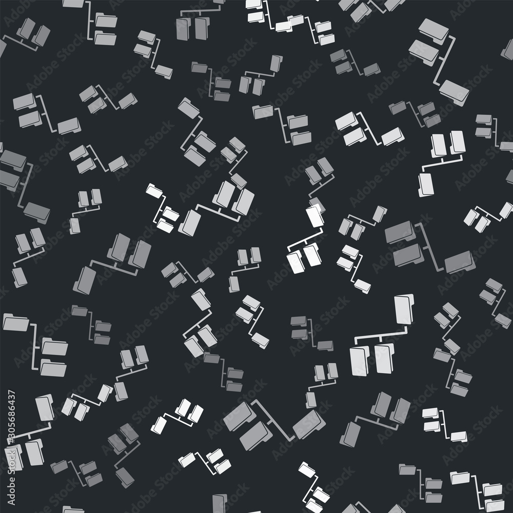 Grey Folder tree icon isolated seamless pattern on black background. Computer network file ...