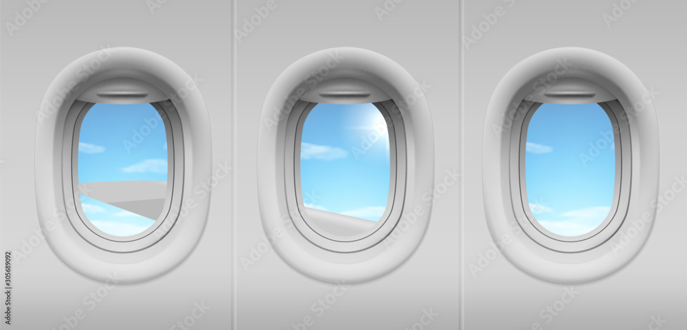 Airplane windows. Vector realistic aircraft portholes with sky, clouds ...