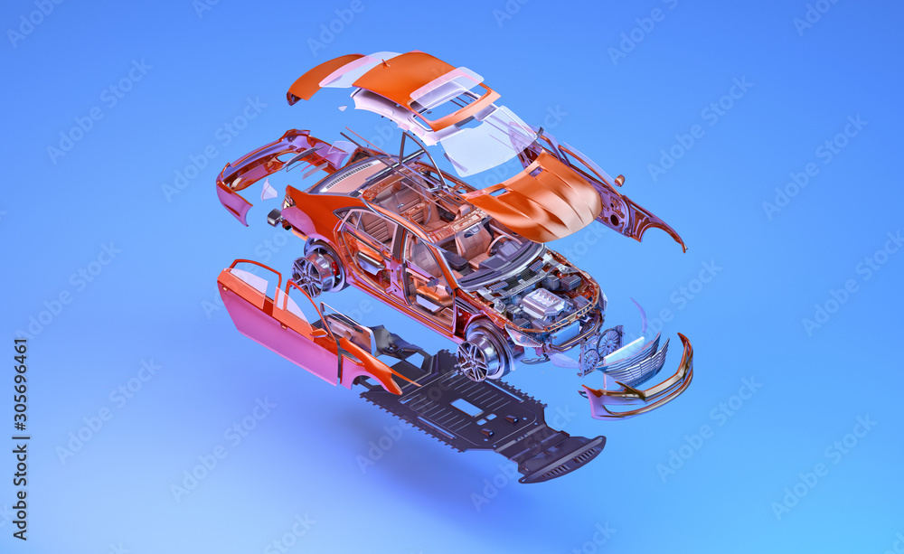Illustration Stock Car sedan mechanical parts isometric exploded view. 3D isometry illustration ...