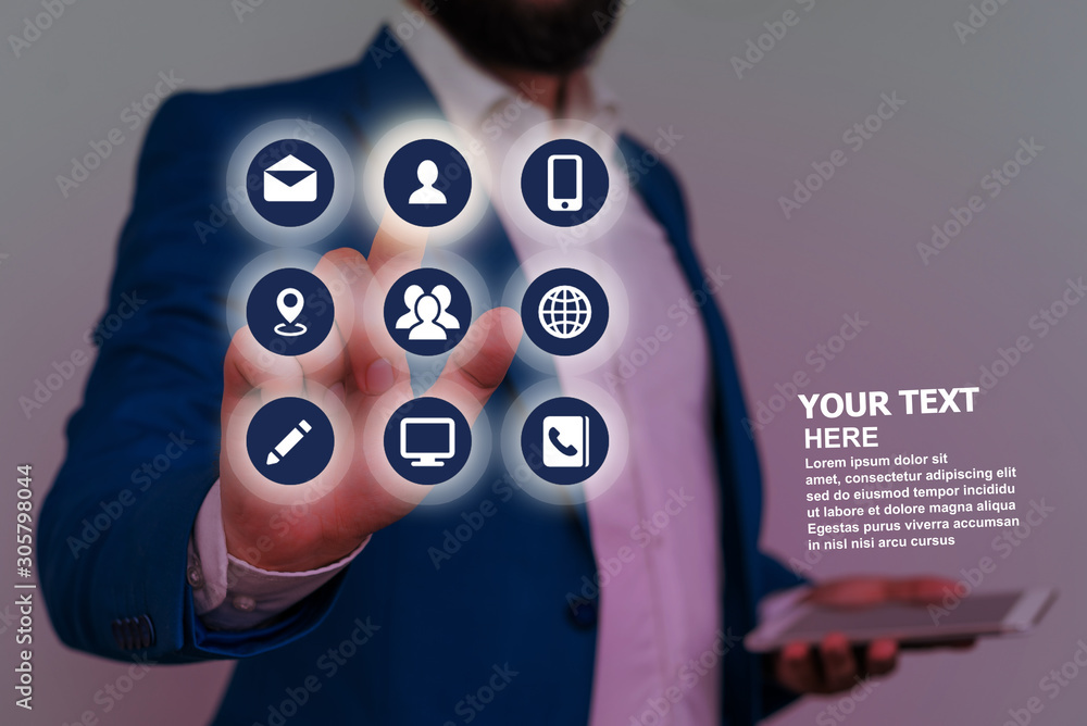 Male human wear formal work suit presenting presentation using smart ...