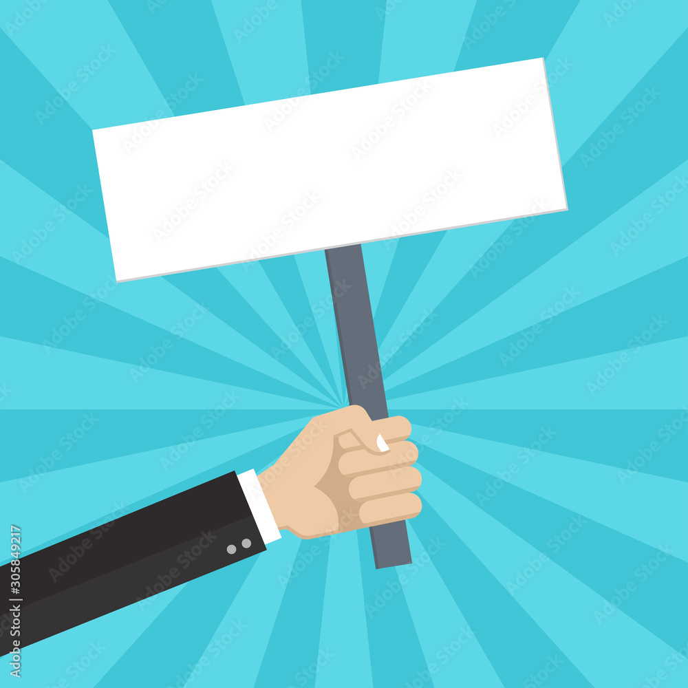 Hand holding empty placard. Protest, picket, announcement sign. Vector ...