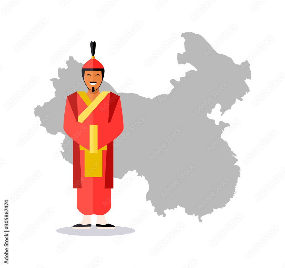 Man wearing costume of Chinese ancestors vector, male with smile on ...