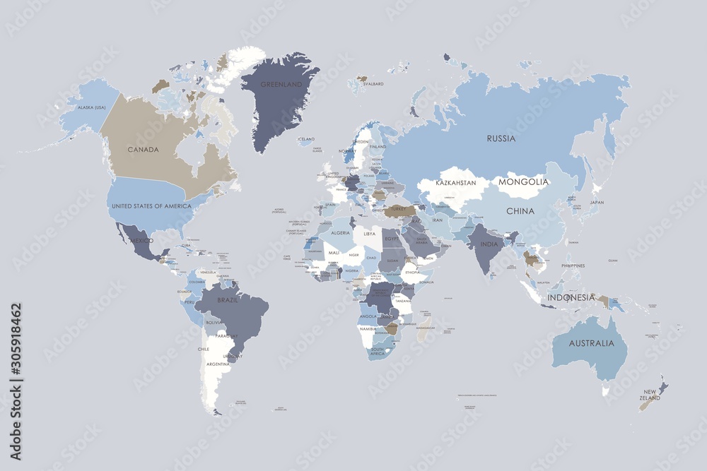 World map in four colors on background. High detail political map with ...