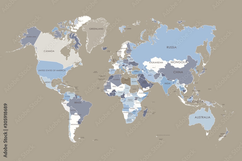 World map in four colors on background. High detail political map with ...