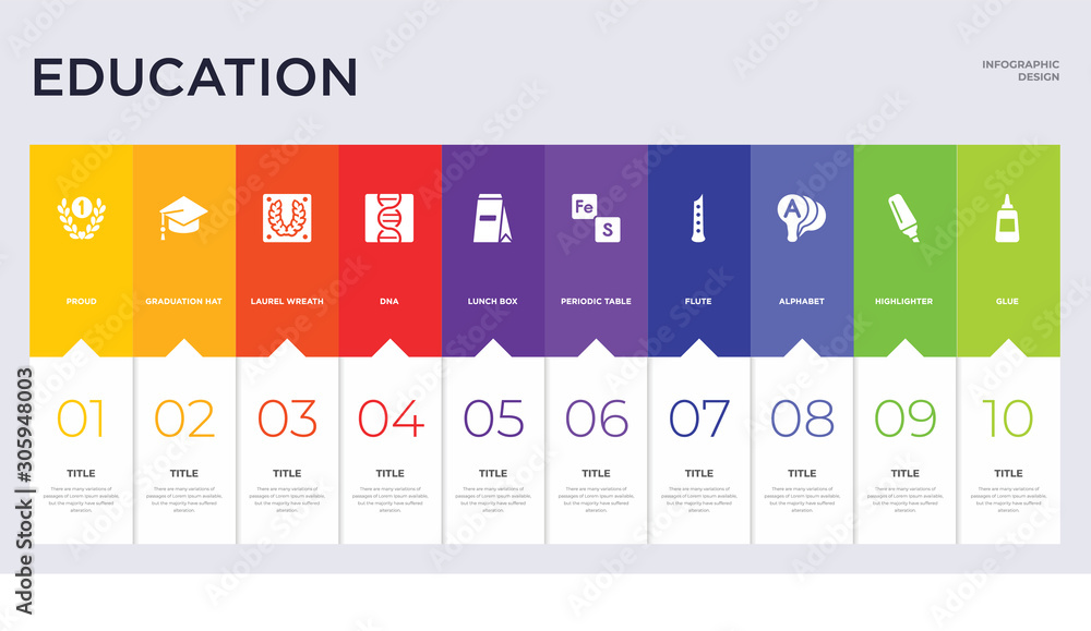 10 education concept set included glue, highlighter, alphabet, flute ...