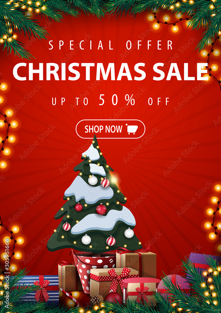 Special offer, Christmas sale, up to 50% off, red vertical discount ...