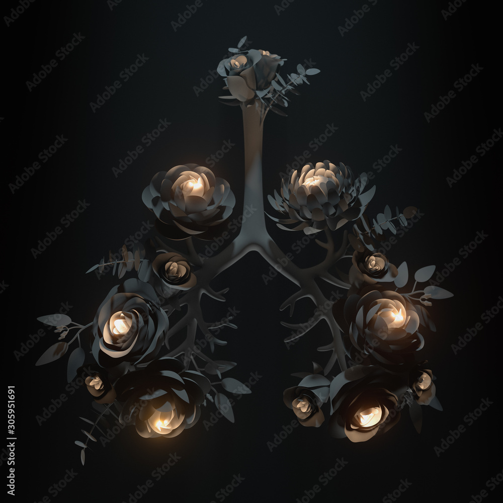 Abstract healthy lungs with magical glowing flowers in a night scene ...