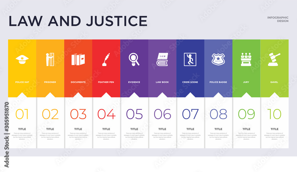 10 law and justice concept set included gavel, jury, police badge ...