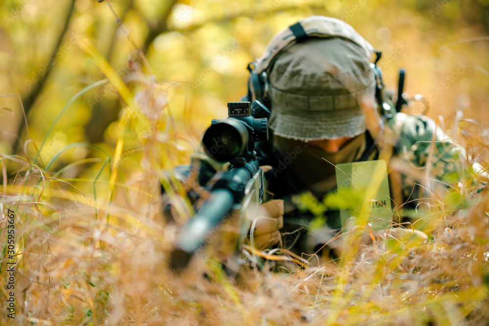 Closeup man in uniform with sniper rifle, front view. Airsoft soldier ...