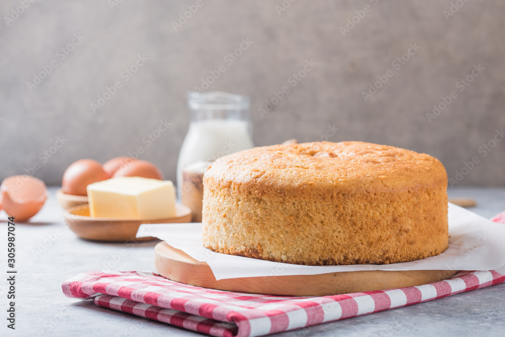 Homemade Soft and lite delicious sponge cake with ingredients: eggs ...