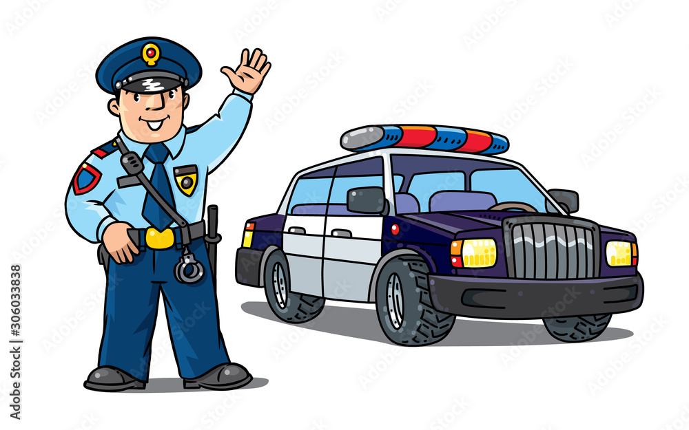 Policeman in uniform and police car. Cartoon set Stock Vector | Adobe Stock