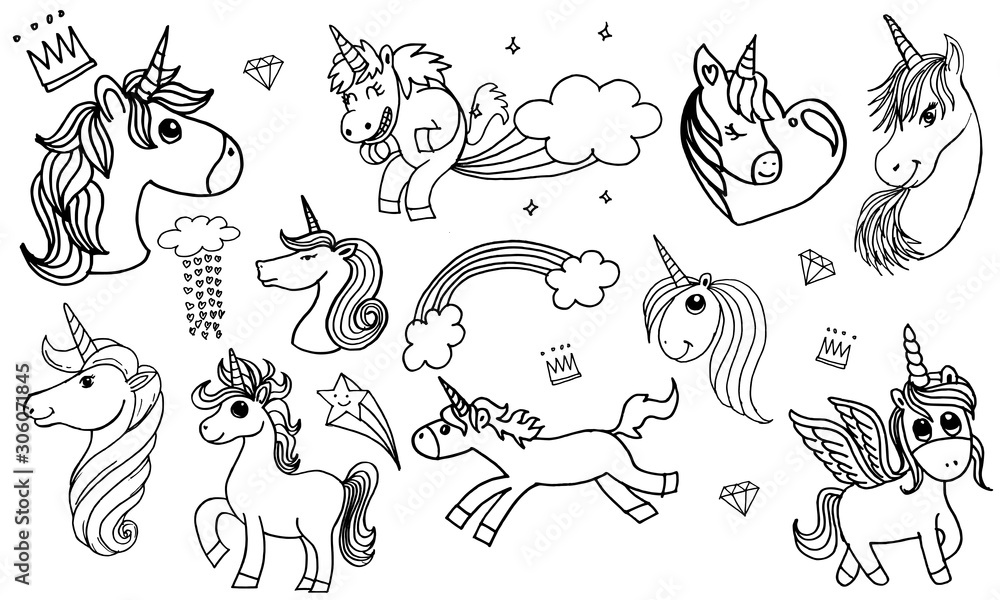 doodle style illustration hand drawn of unicorn set isolated on white ...