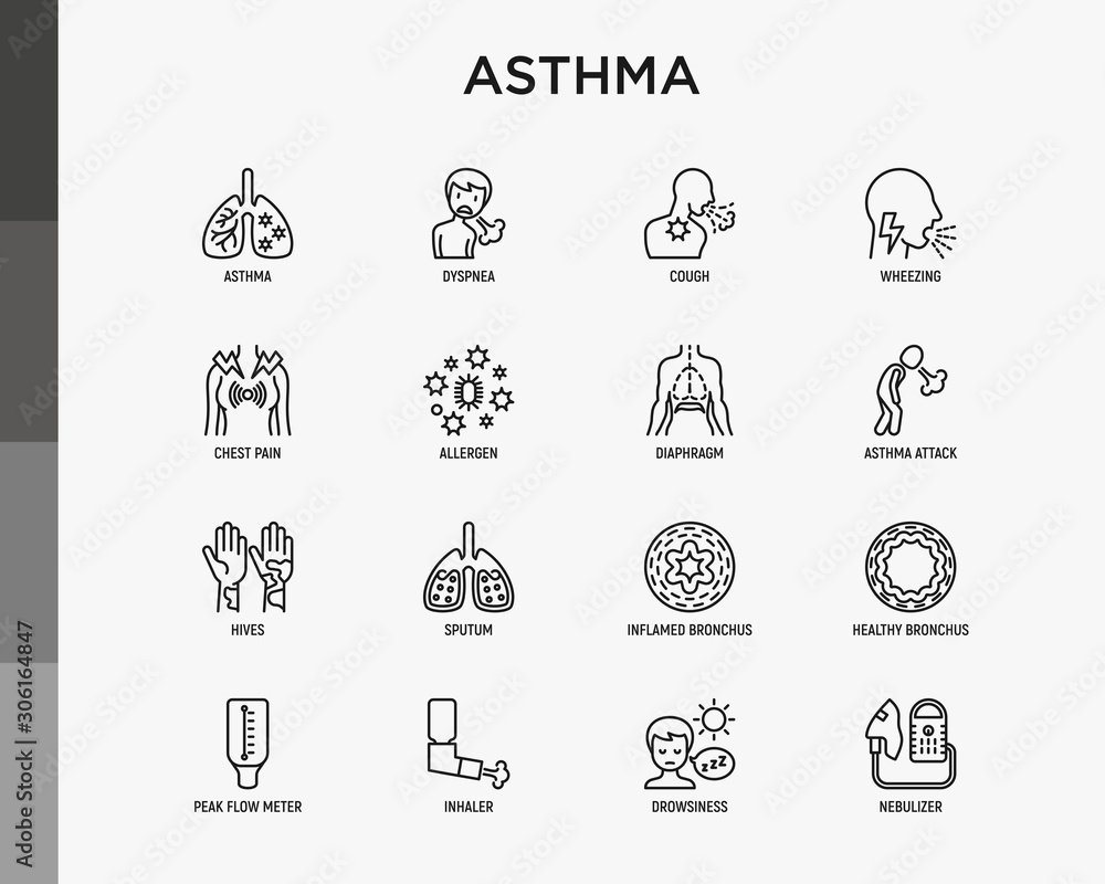 Asthma thin line icons set: allergen, dyspnea, cough, wheezing, chest ...