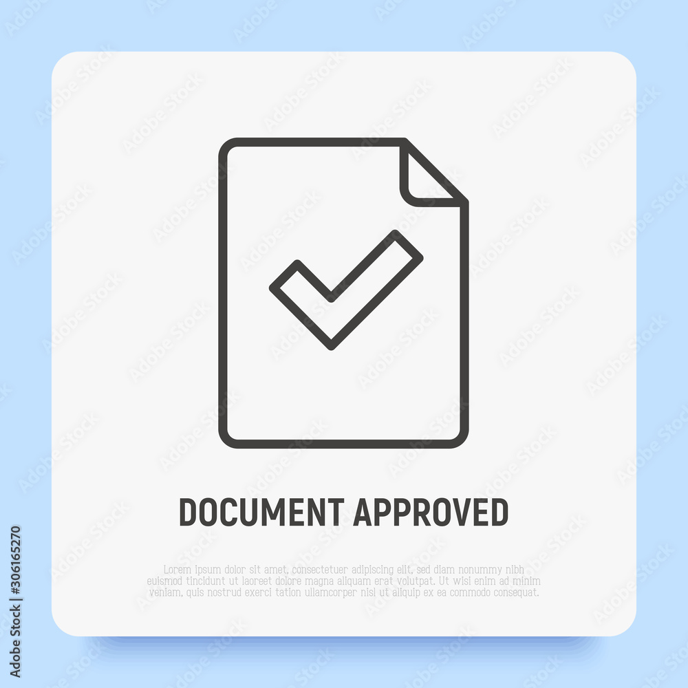 Document approved thin line icon: paper sheet with check mark. Modern ...