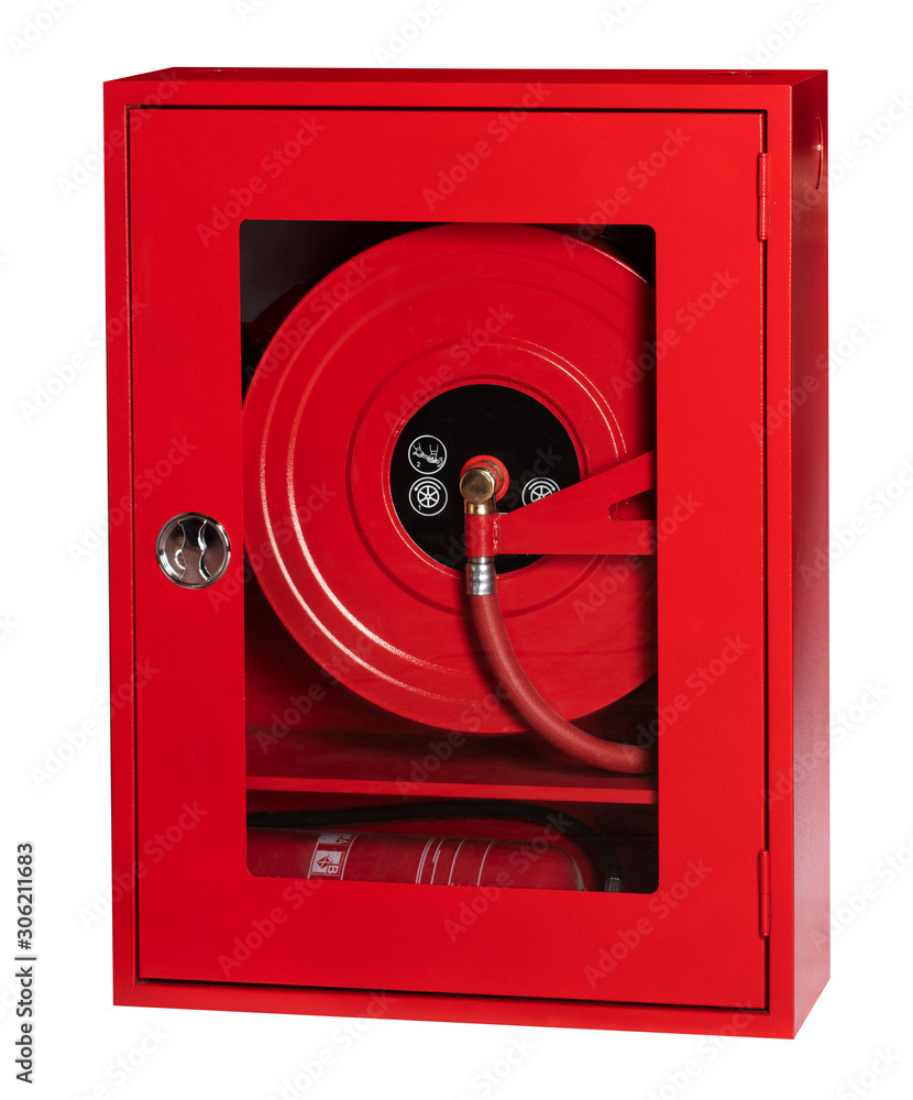 Red metal fire cabinet and fire extinguisher system isolated on white ...