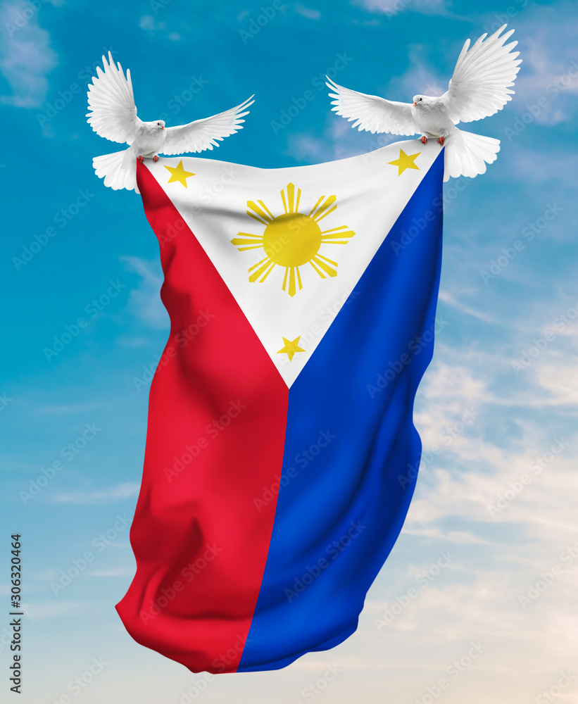 Philippines flag carried by white pigeon with sky background Stock ...
