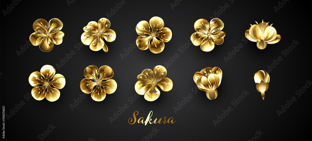 Set of golden sakura flowers Stock Vector | Adobe Stock