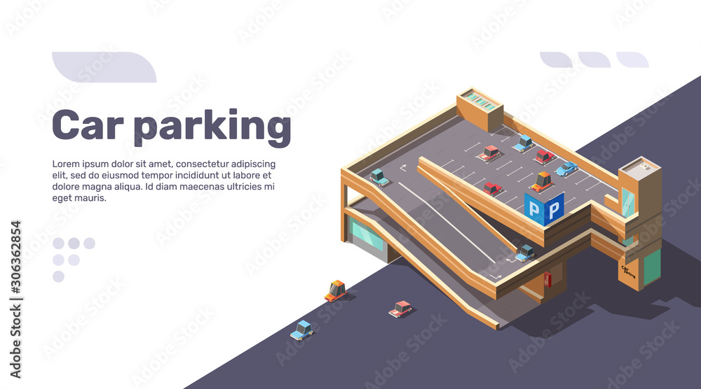 Isometric multi level car parking with elevator. Multistory parking lot ...