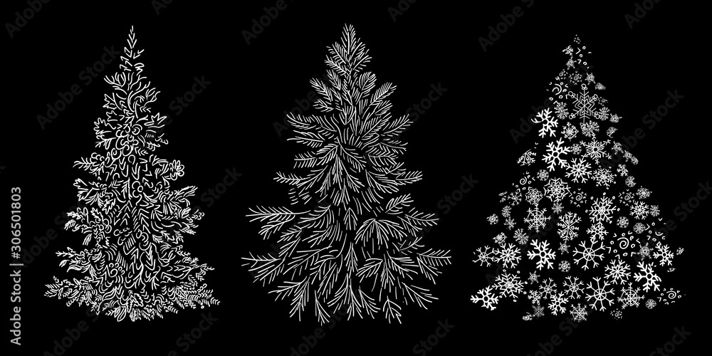 set of christmas tree graphic art with line doodle hand drawn vector ...