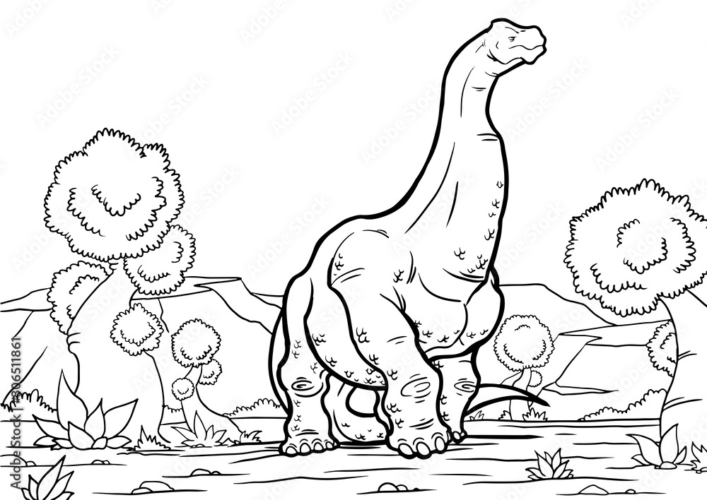 Outline Brontosaurus Dinosaur Illustration, Coloring page, A4 Stock ...