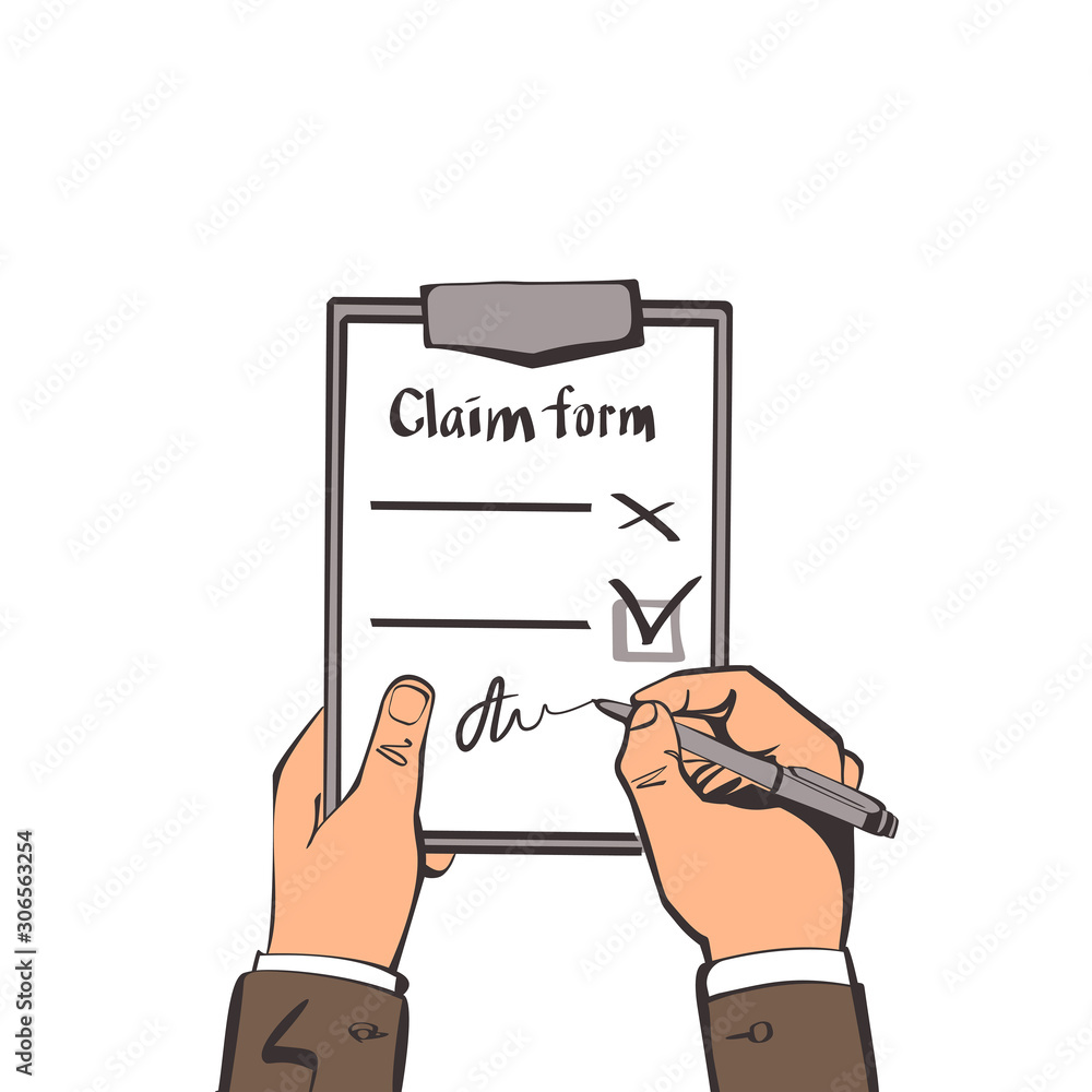 Businessman signing insurance claim form. Signature on piece of paper ...