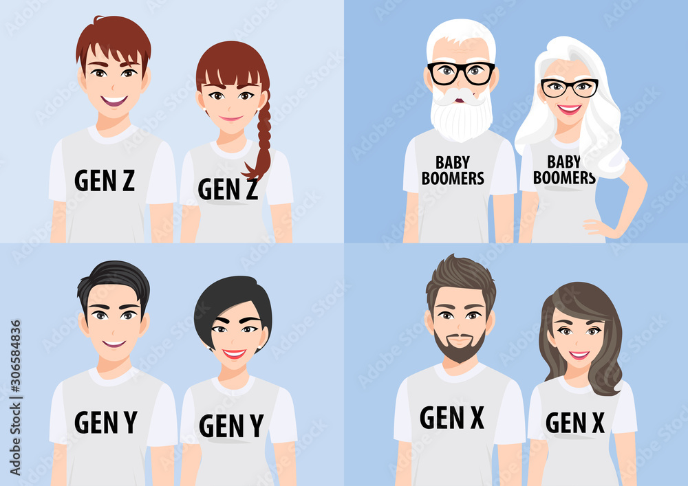 Cartoon character with generations concept. Baby boomers, generation x ...