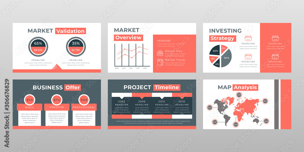 Red colored maps and diagrams concept power point presentation pages ...