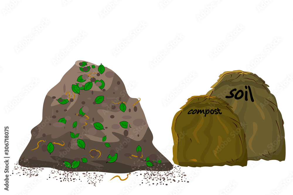 Heap of ground, with worms, leafs and bag for soil, organic fertilizer ...