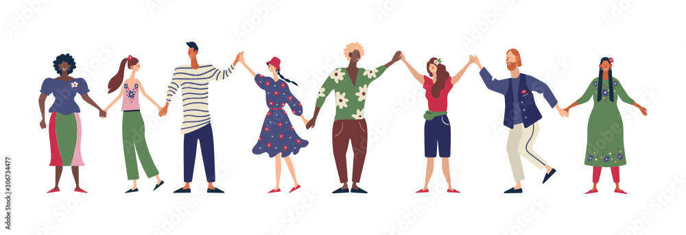 Friends characters. People standing together and holding hands, cartoon ...