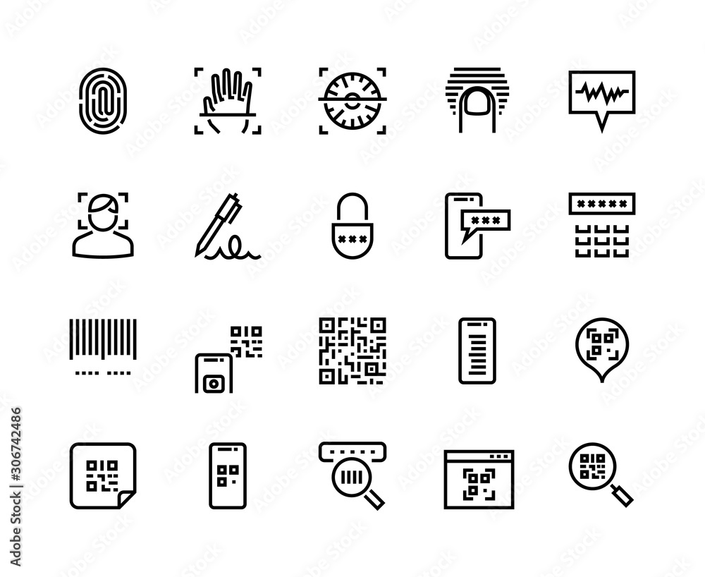 Identification line icons. Biometric sensor, face recognition and ...