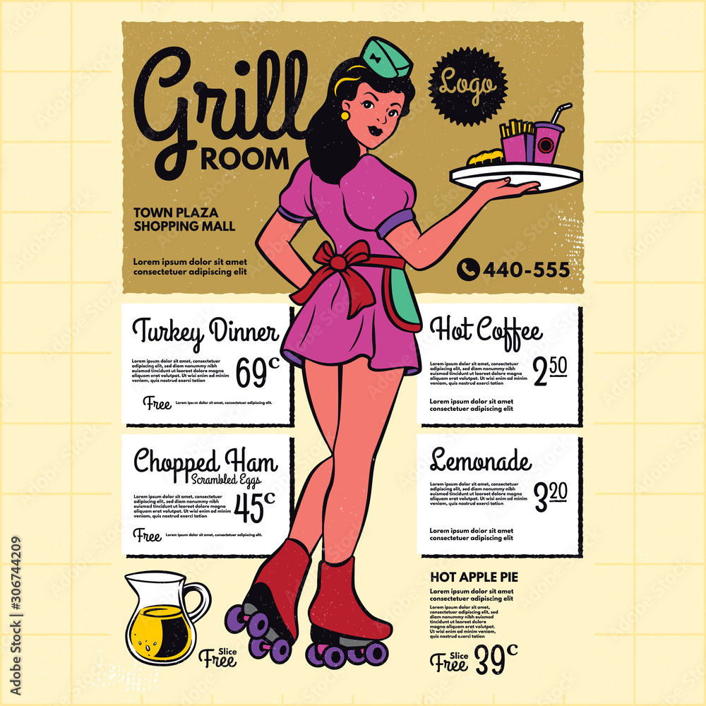 Vintage diner poster menu template. Retro waitress on roller skates ...
