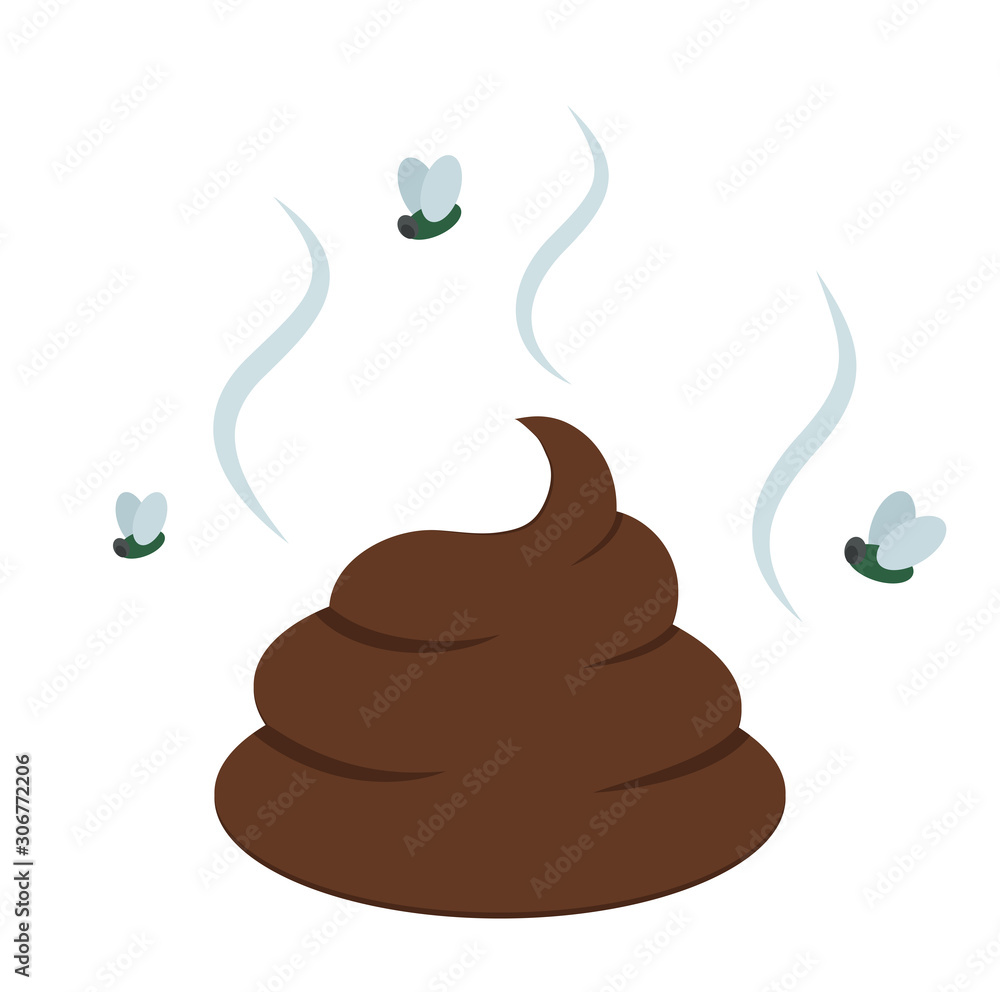 Fly around the brown stinky poop vector isolated. Dog excrement. Smelly ...