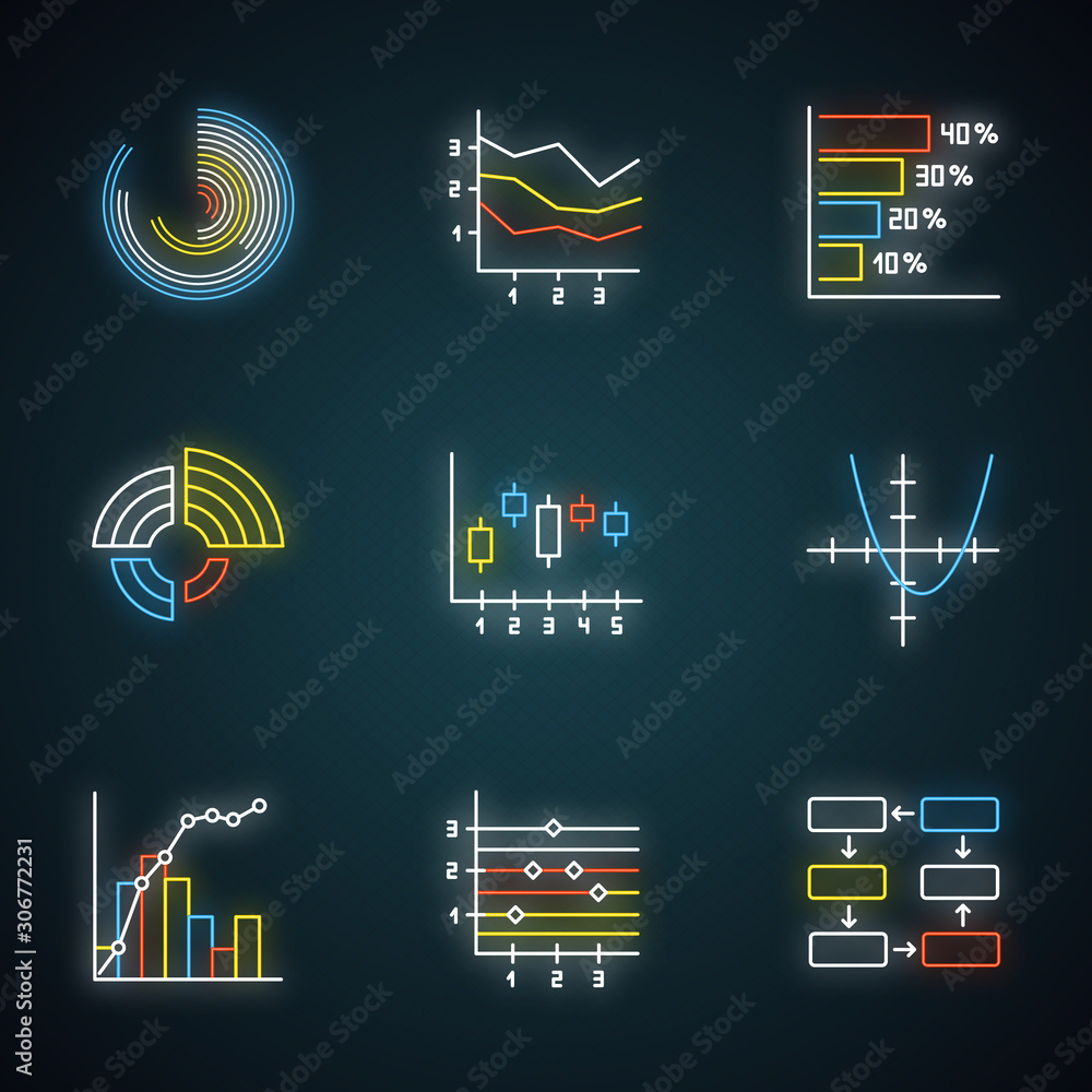 Stockvektorbilden Chart and graph neon light icons set. Horizontal ...