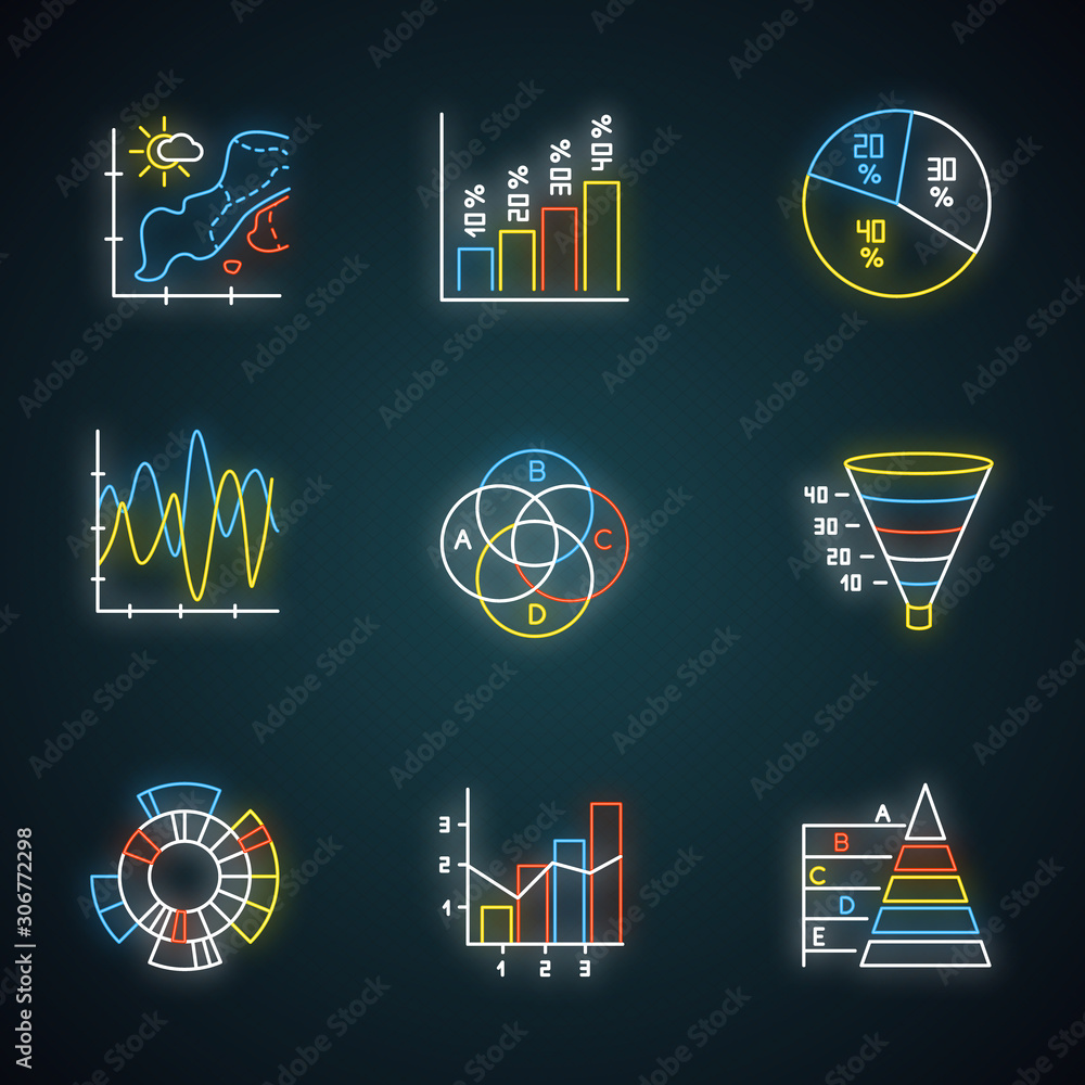 Chart and graph neon light icons set. Temperature map. Vertical ...