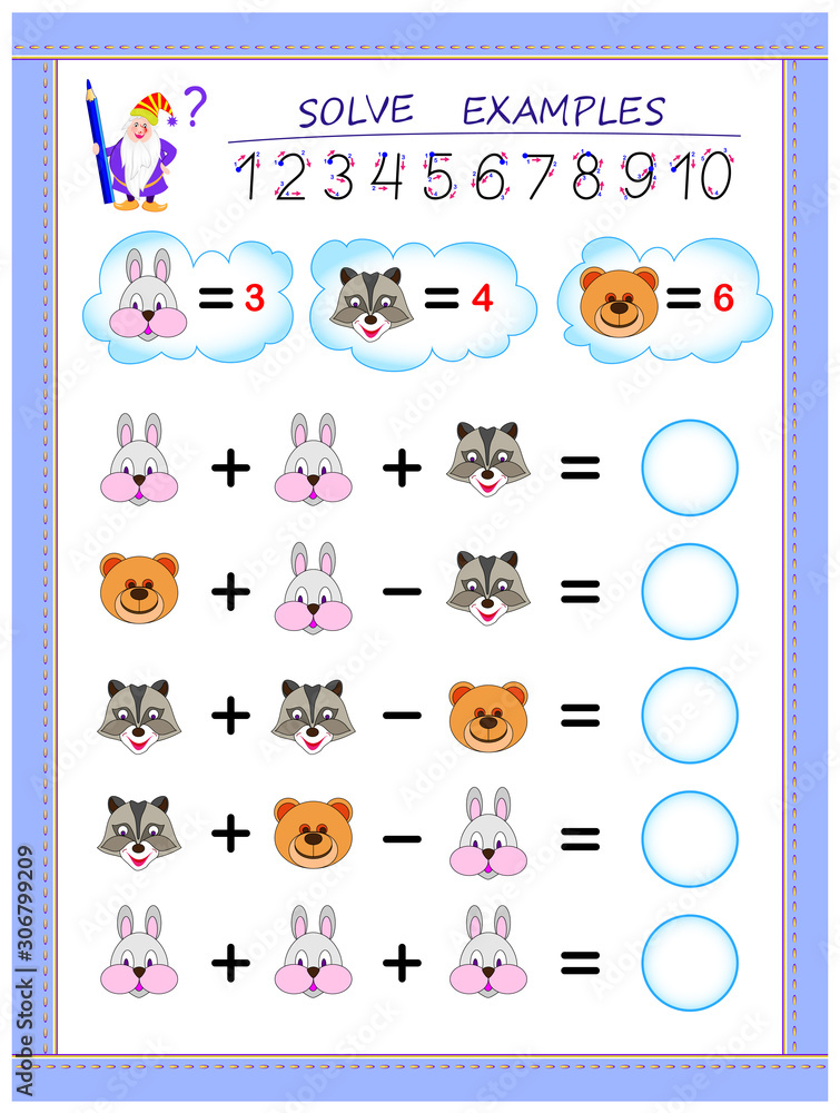 Educational page for little children on addition and subtraction. Solve ...