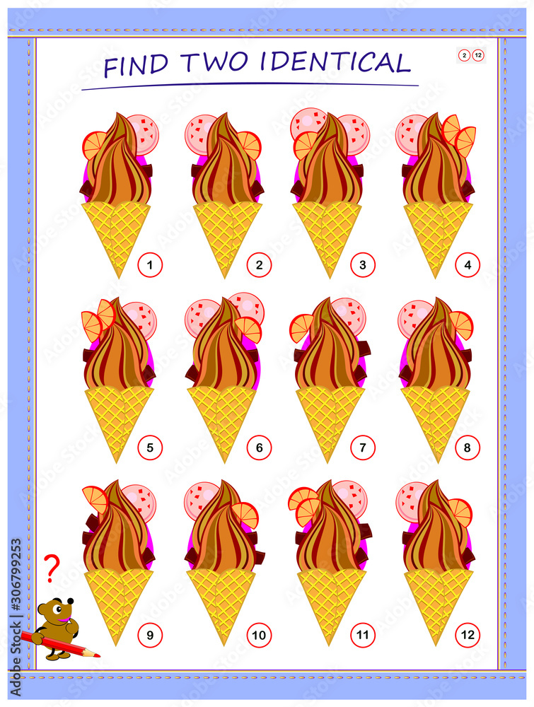 Logical puzzle game for little children. Need to find two identical ice ...