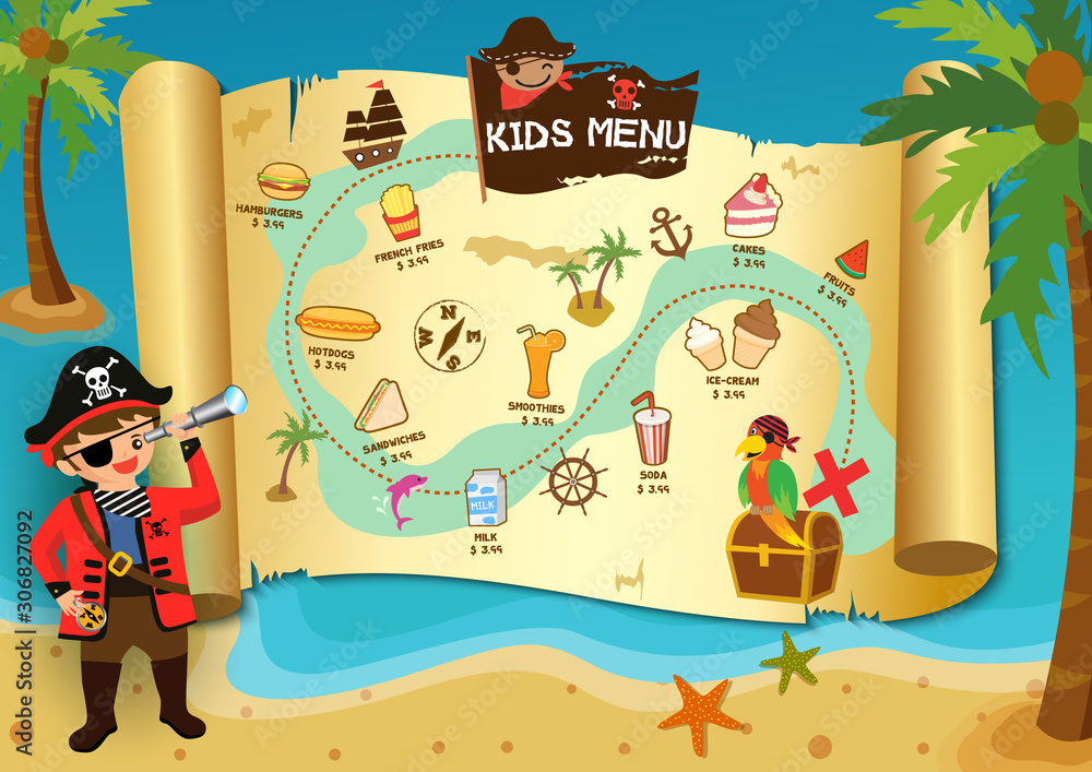 Pirate boy look at the kids menu map on the beach Stock Vector | Adobe ...
