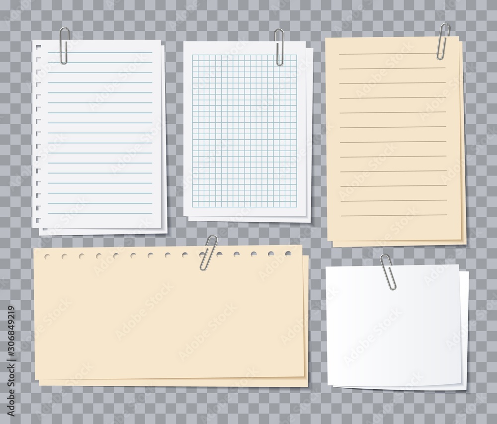 Note papers sheets. Different notepaper with paper clips, memo stickers ...
