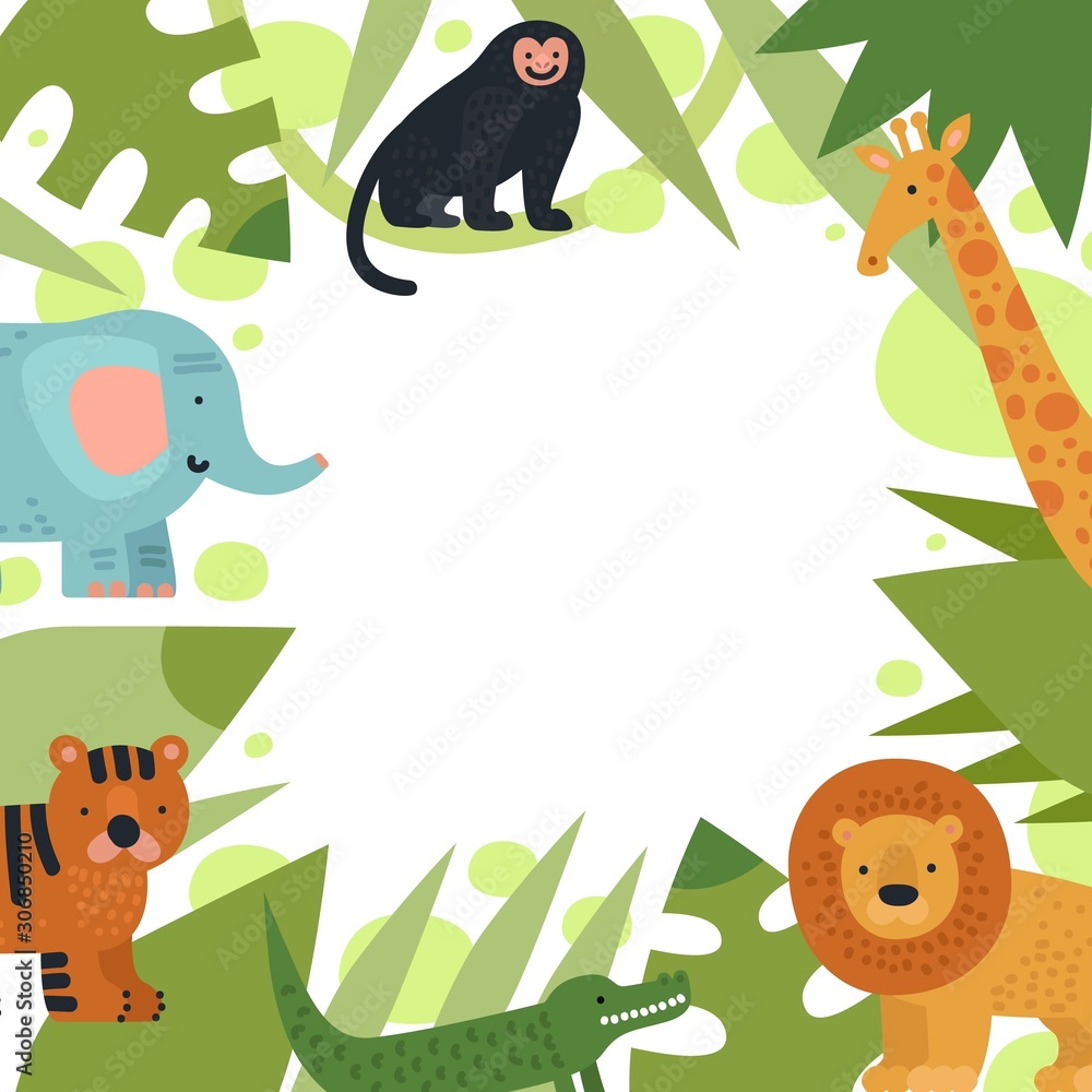 Jungle frame. Tropical leaves border with cartoon safari animals ...