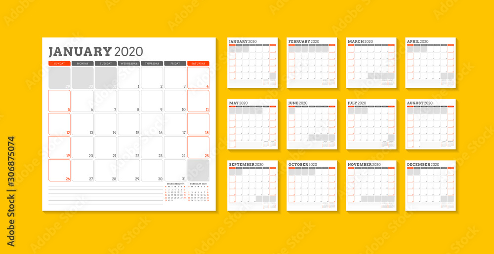 Calendar planner template for 2020 year. Week starts on Sunday ...