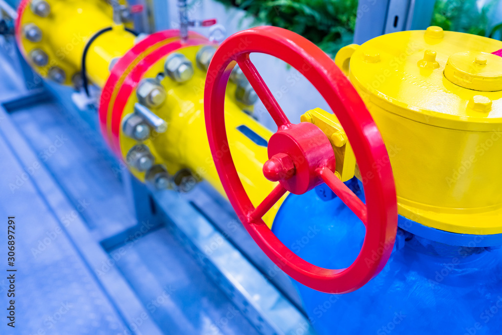 Photo Stock Gas distribution unit. Red valve to shut off the pressure ...
