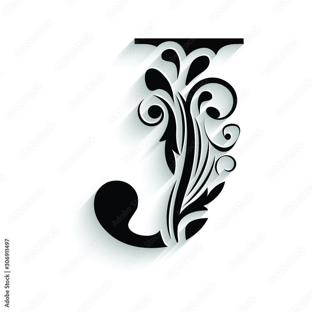 letter J. Black flower alphabet. Beautiful capital letters with shadow ...