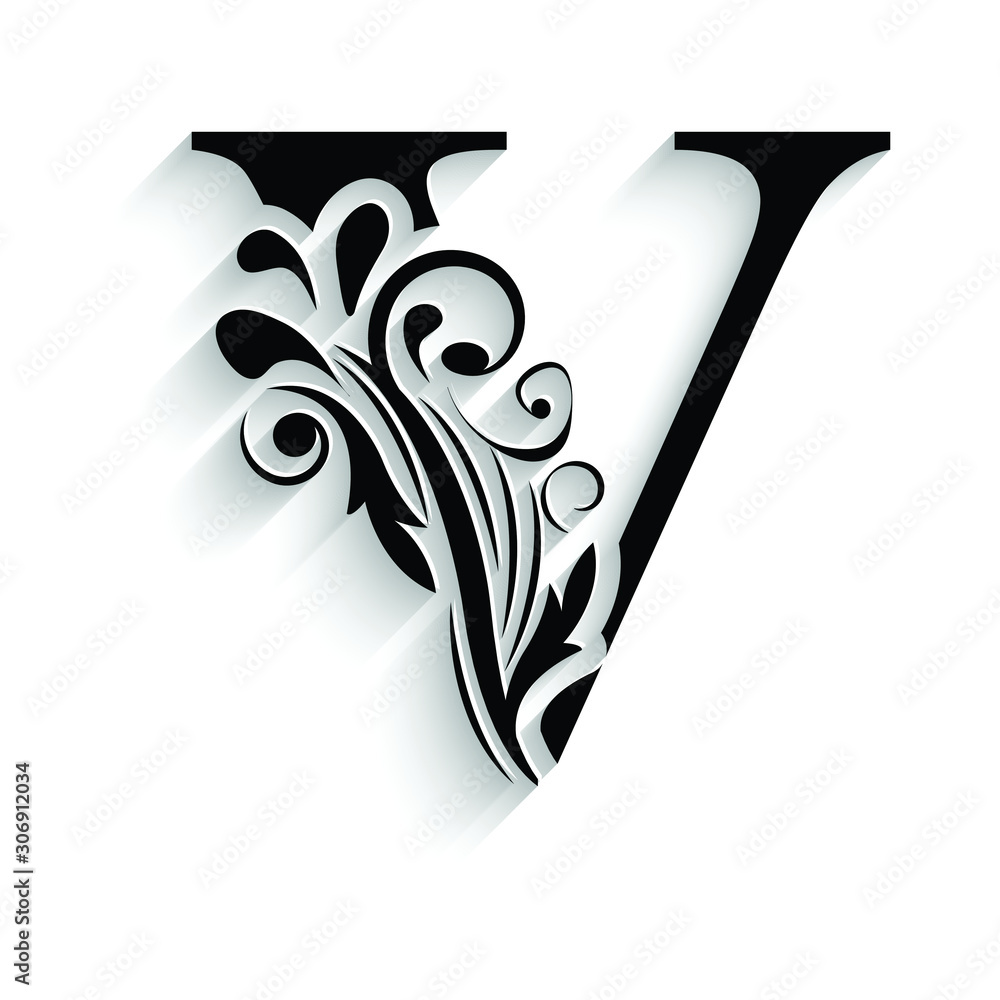 letter V. Black flower alphabet. Beautiful capital letters with shadow ...